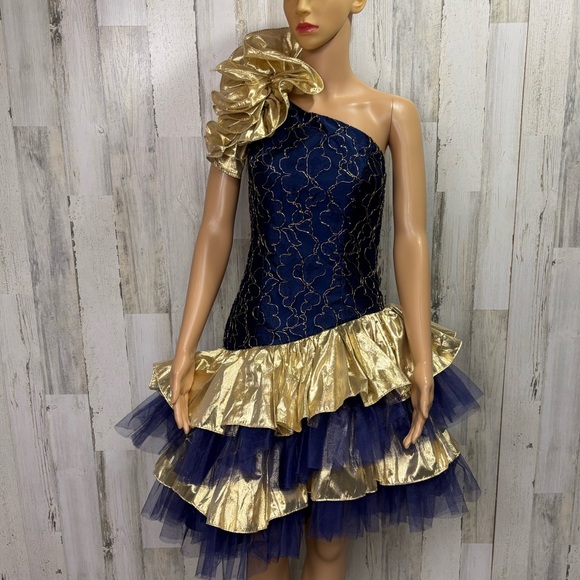 Loralie | Dresses | Loralie Vintage 8s Oneshoulder Blue And Gold Ruffle ...